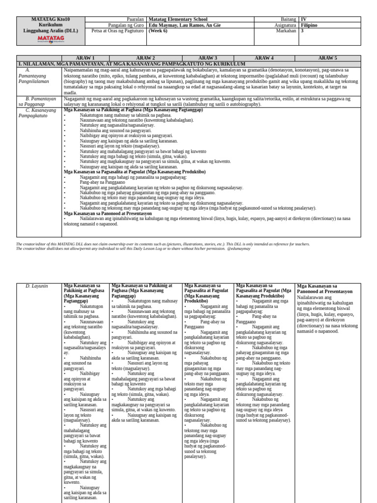 DLL Filipino G4 Q3 W6 | PDF