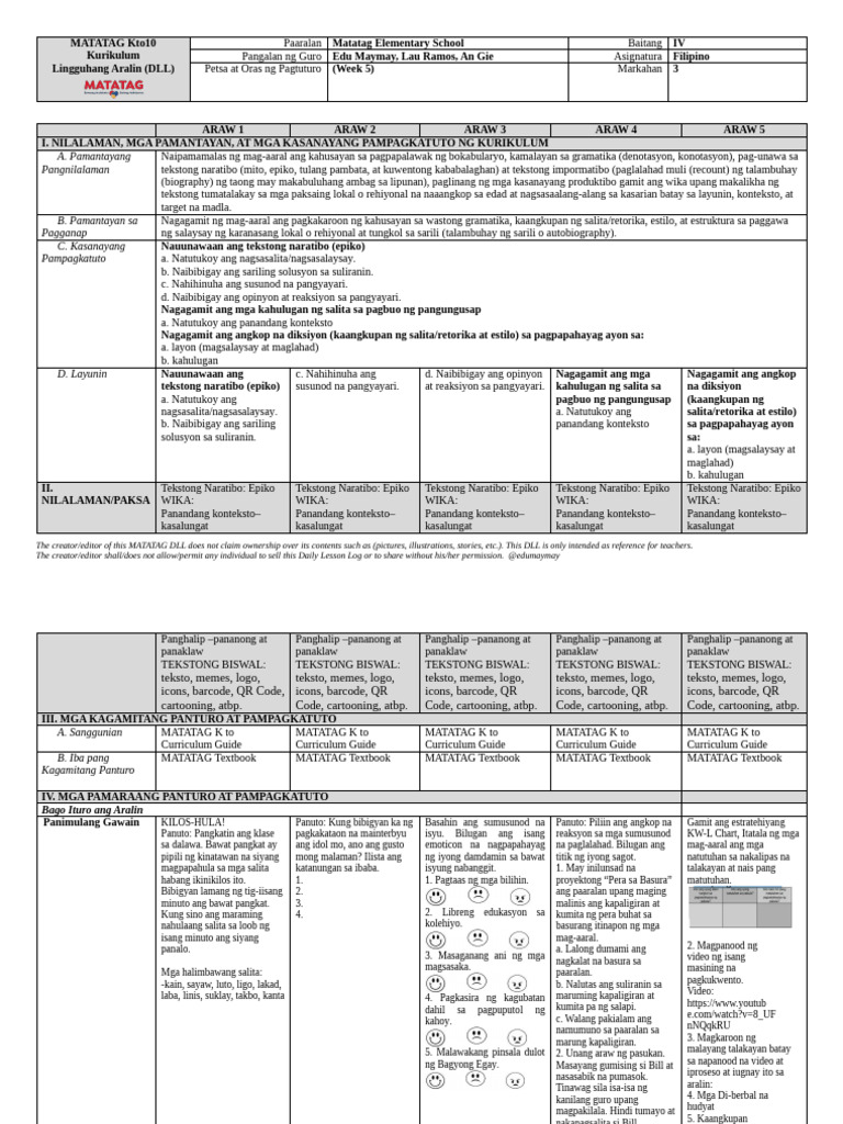 DLL Filipino G4 Q3 W5 | PDF