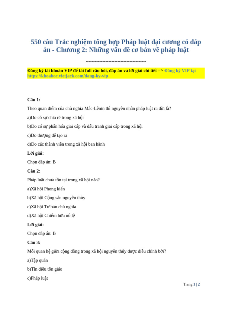 550 Cau Trac Nghiem Tong Hop Phap Luat Dai Cuong Co Dap An Chuong 2 Nhung Van de Co Ban Ve Phap ...
