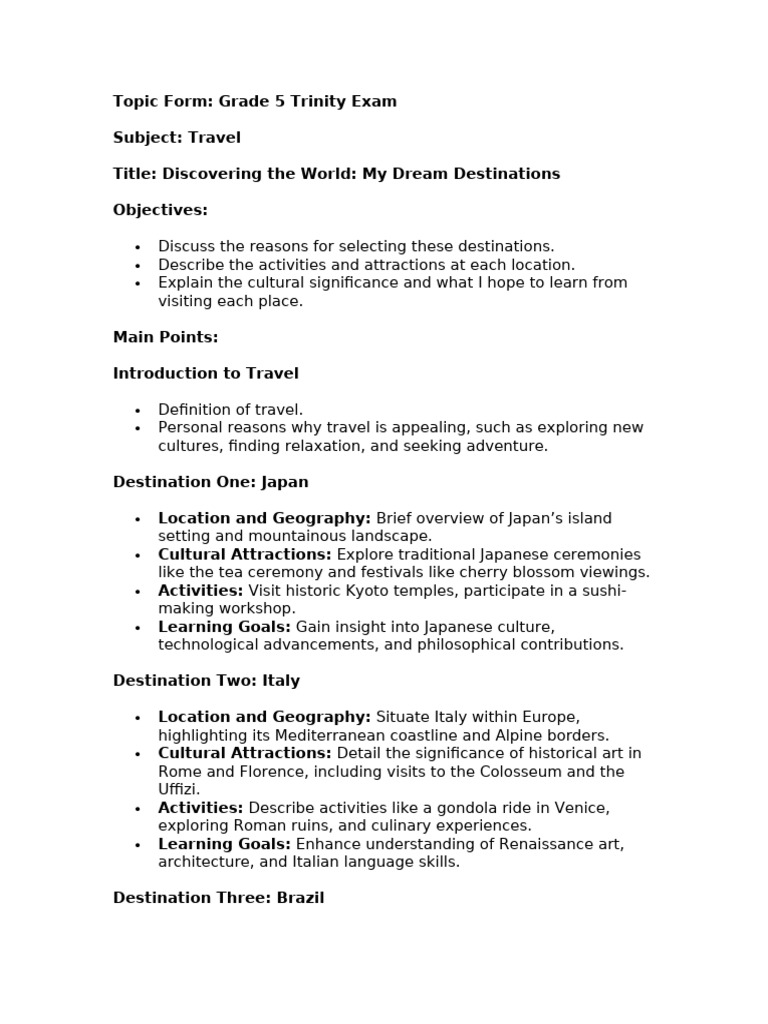 Travel Insights for Grade 5 Exam | PDF | Italy | Brazil