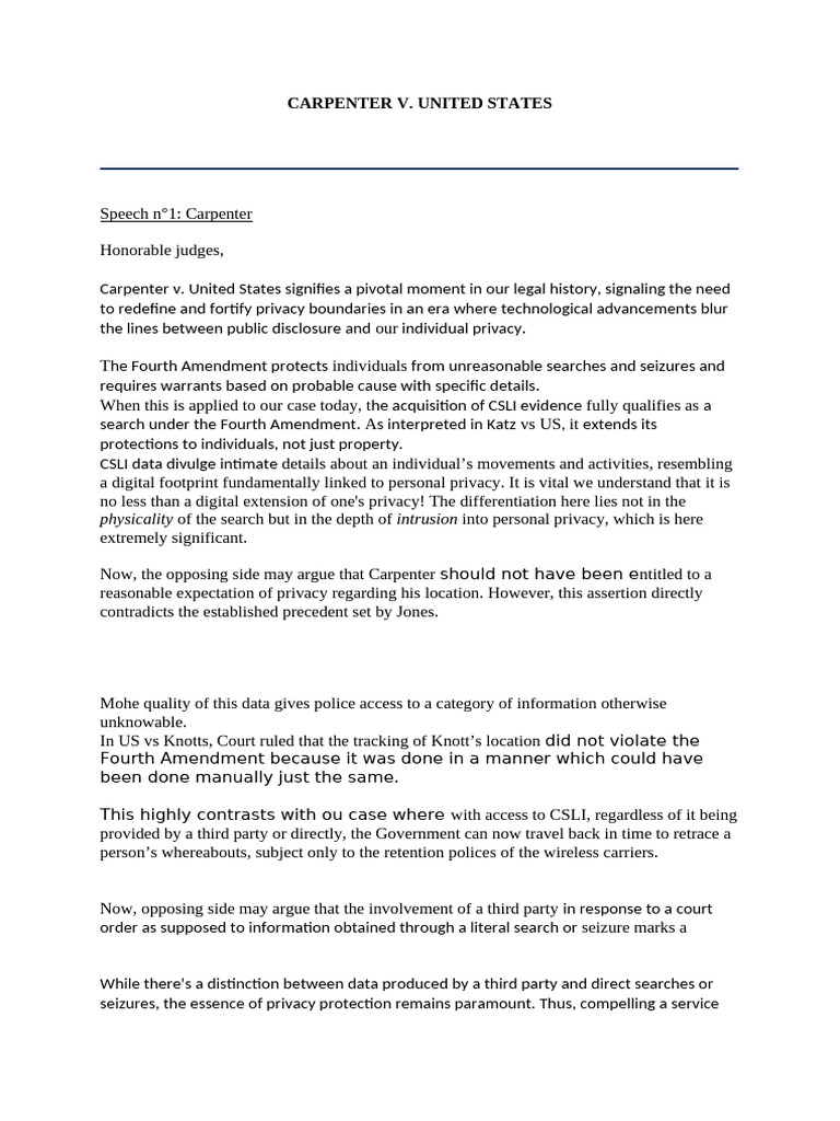 Carpenter v. US: Privacy and CSLI Debate | PDF | Fourth Amendment To ...