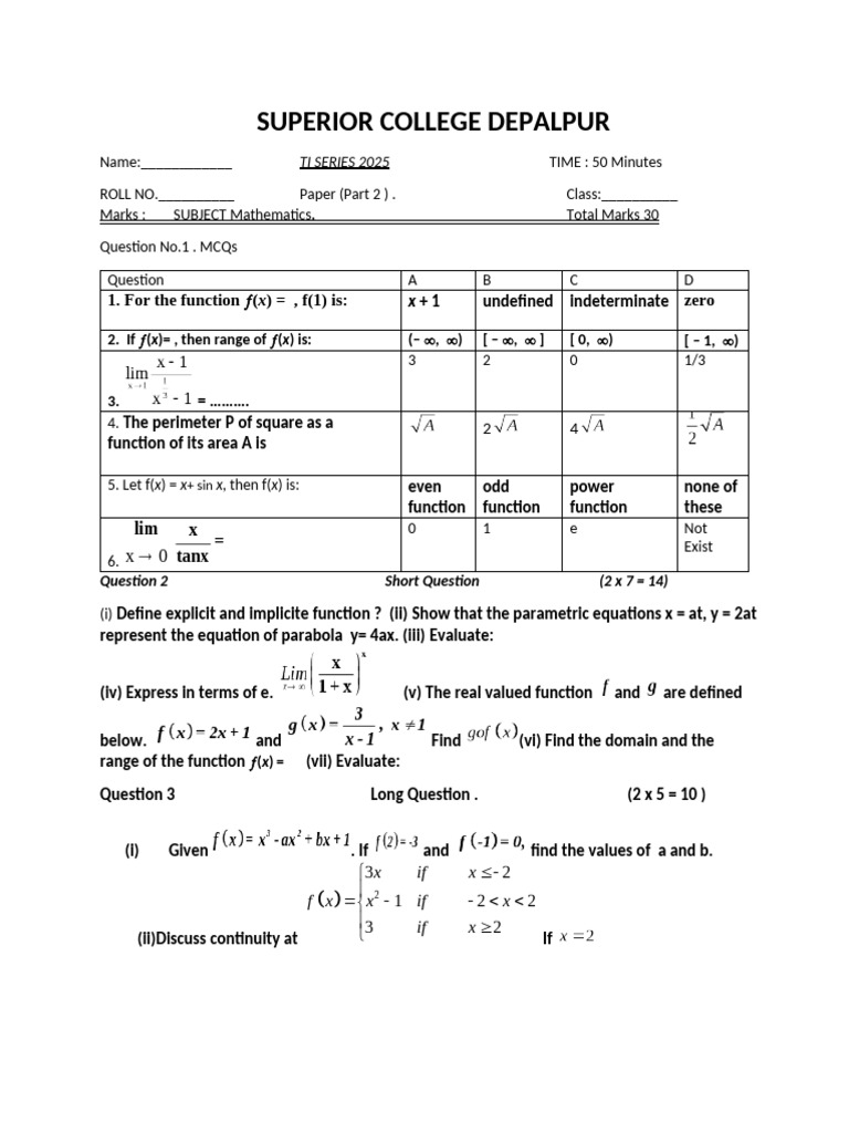 T1 Second year Math | PDF | Function (Mathematics) | Mathematical Concepts