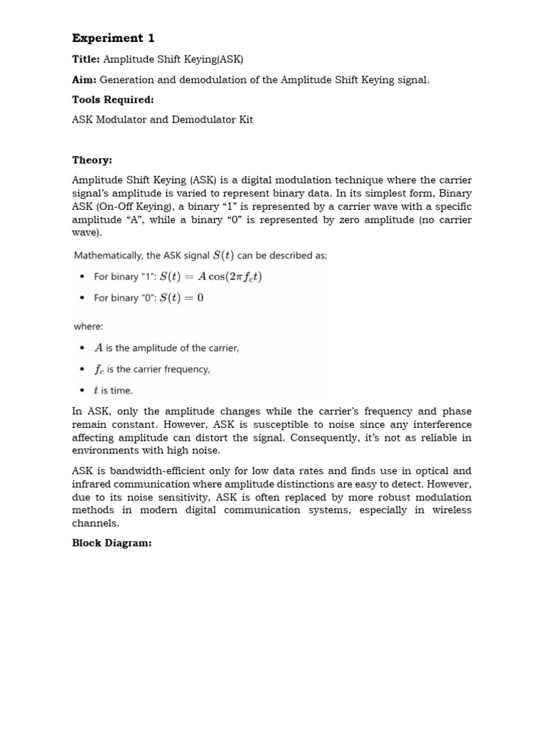 Experiment 1 - Amplitude Shift Keying - ASK | PDF