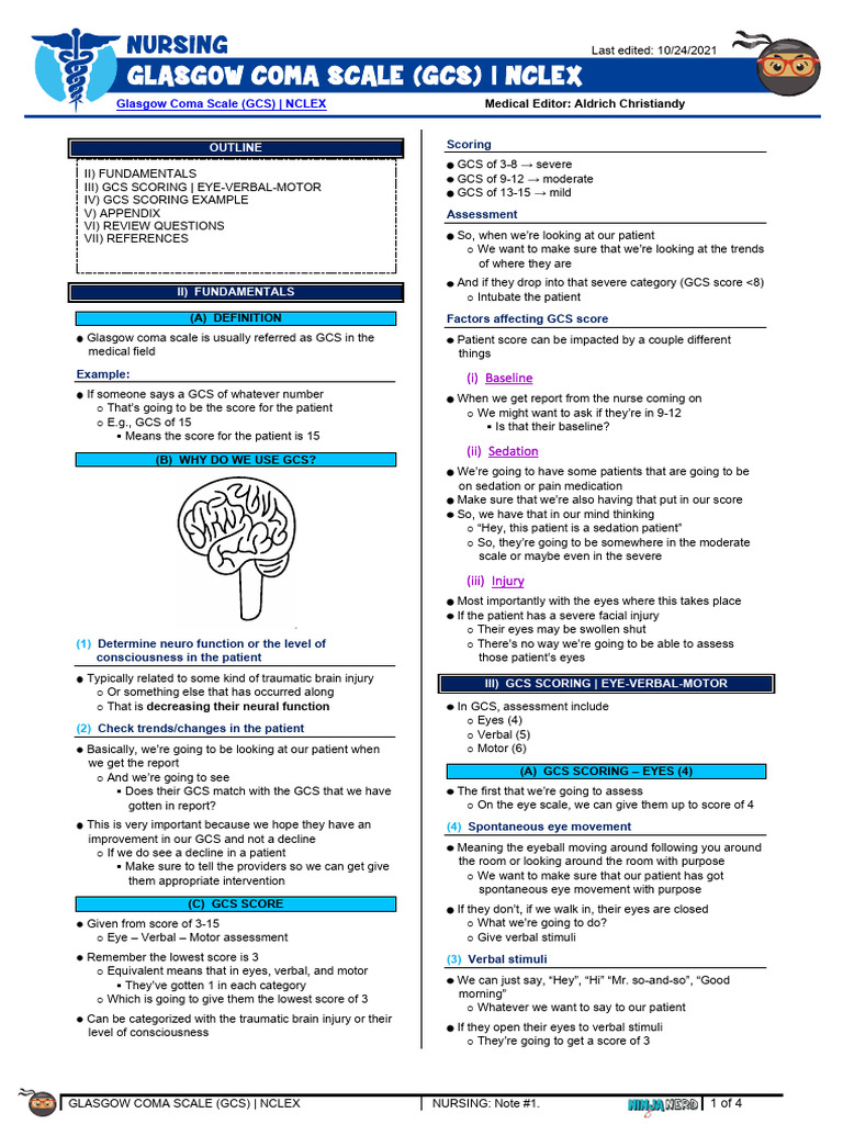 Glasgow Coma Scale Overview for NCLEX | PDF | Intensive Care Medicine ...