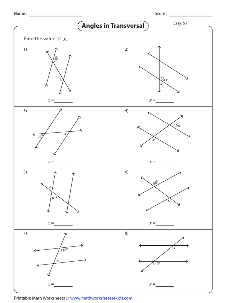 Practice Problems Parallel Lines and Transversal With Answers Copy ...
