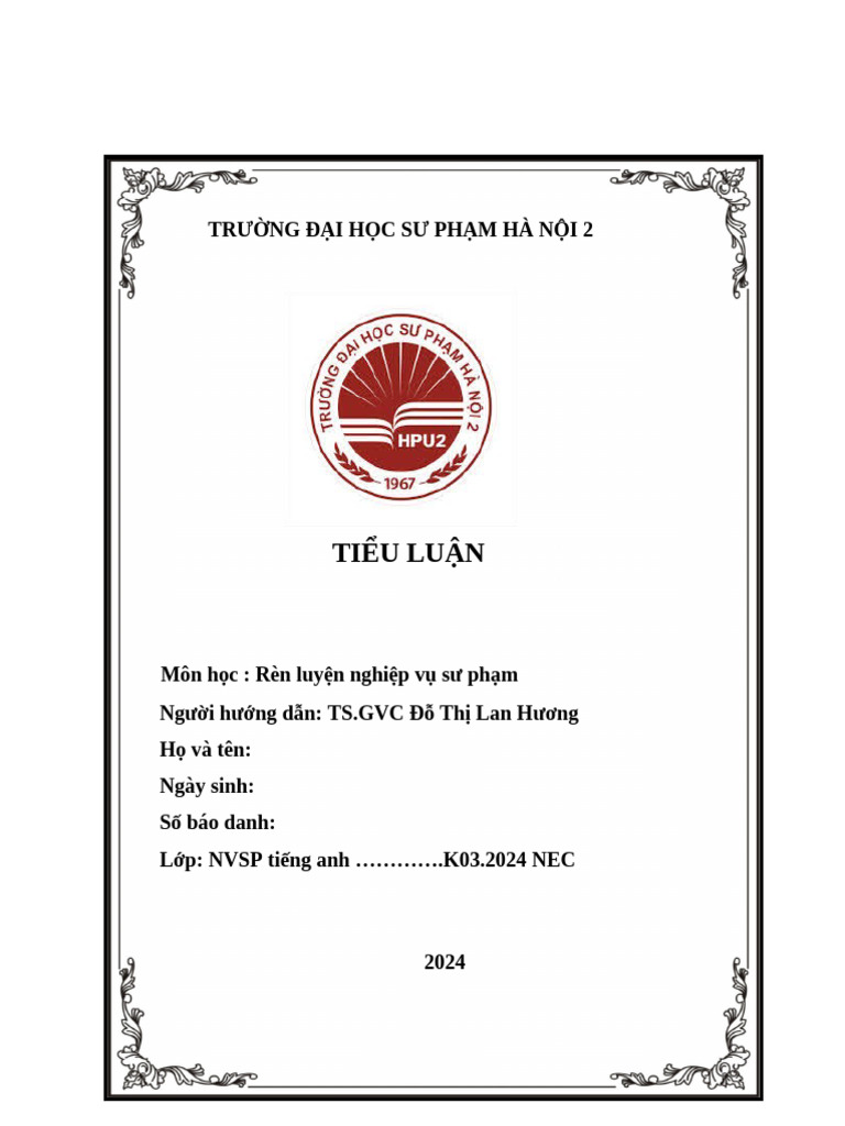 Đề Cho Cả 2 Cấp - Tiểu Luận Rèn Luyện NVSP K3.2024 Ngày 13.1 .2025 | PDF