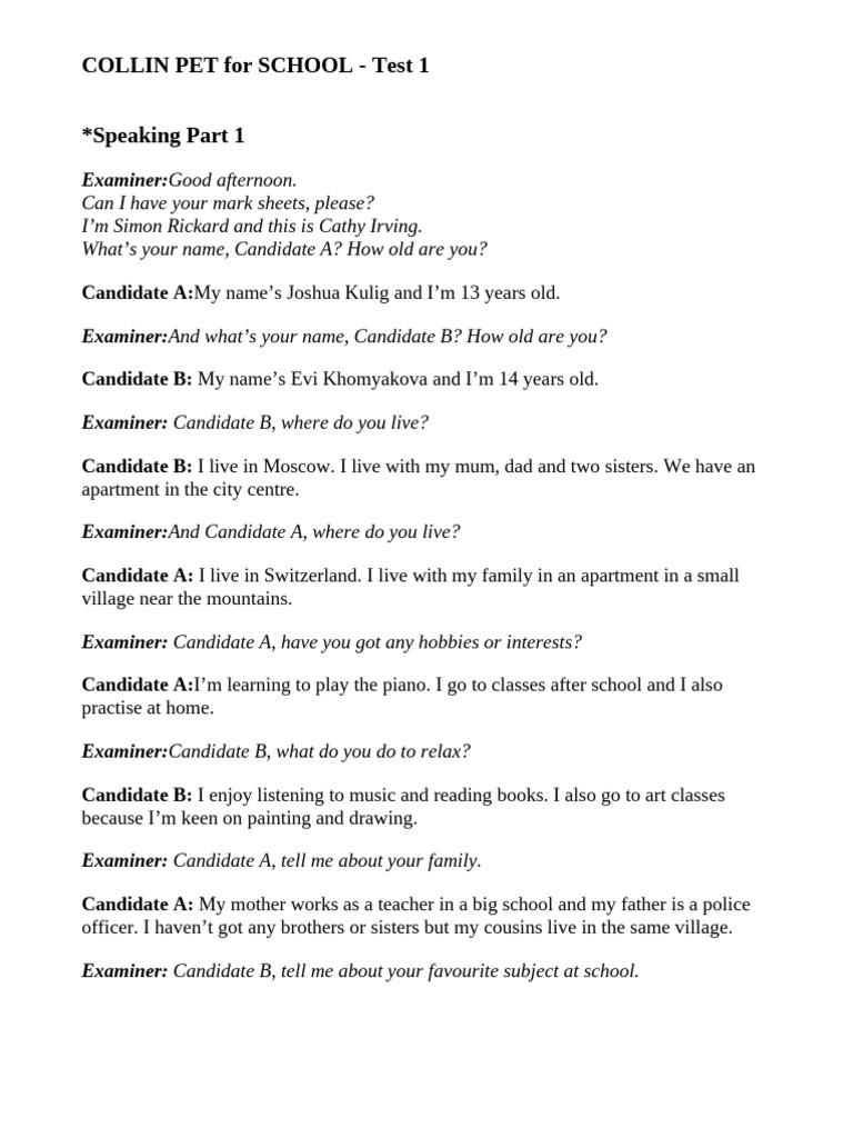 PET Speaking Test for Teens | PDF