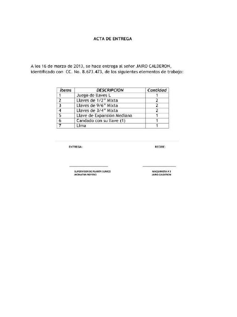 Acta de Entrega Ejemplo | PDF