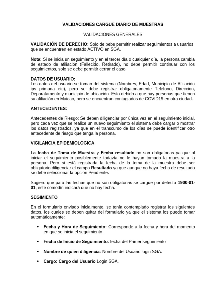 Validaciones Modulo Cargue de Pruebas Covid19 | PDF