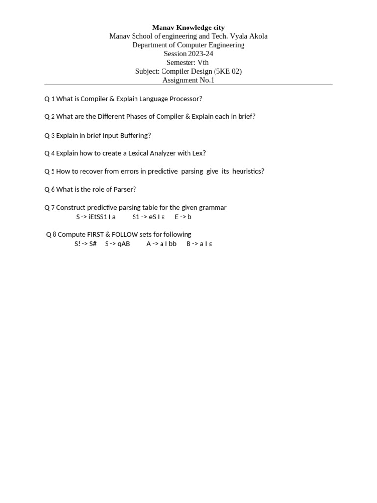 Compiler Design Assignment 2023-24 | PDF