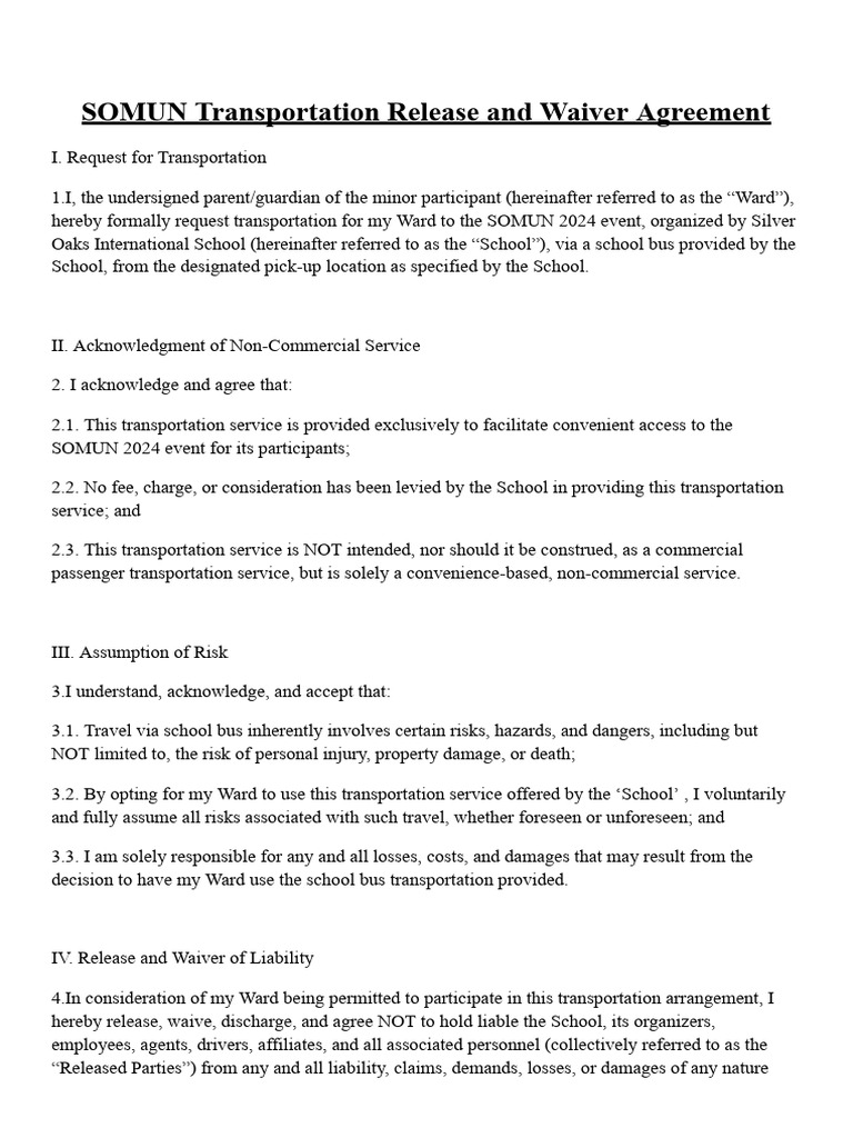 Transport Release and Waiver Agreement | PDF | Legal Liability | Disclaimer
