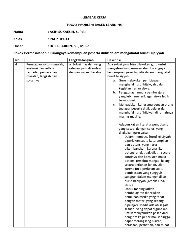 LEMBAR KERJA TUGAS PBL 4 - Penetapan Solusi Masalah Evaluasi Dan Refleksi | PDF