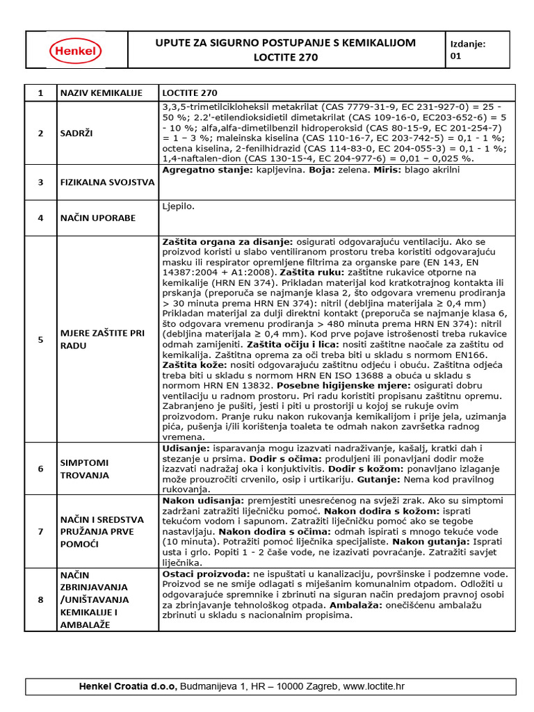 Loctite 270 - UPUTE ZA SIGURAN RAD | PDF
