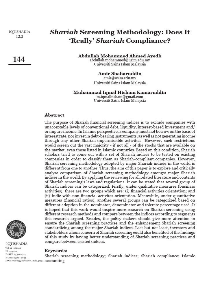 Shariah Screening Methodology Analysis | PDF | Islamic Banking And ...