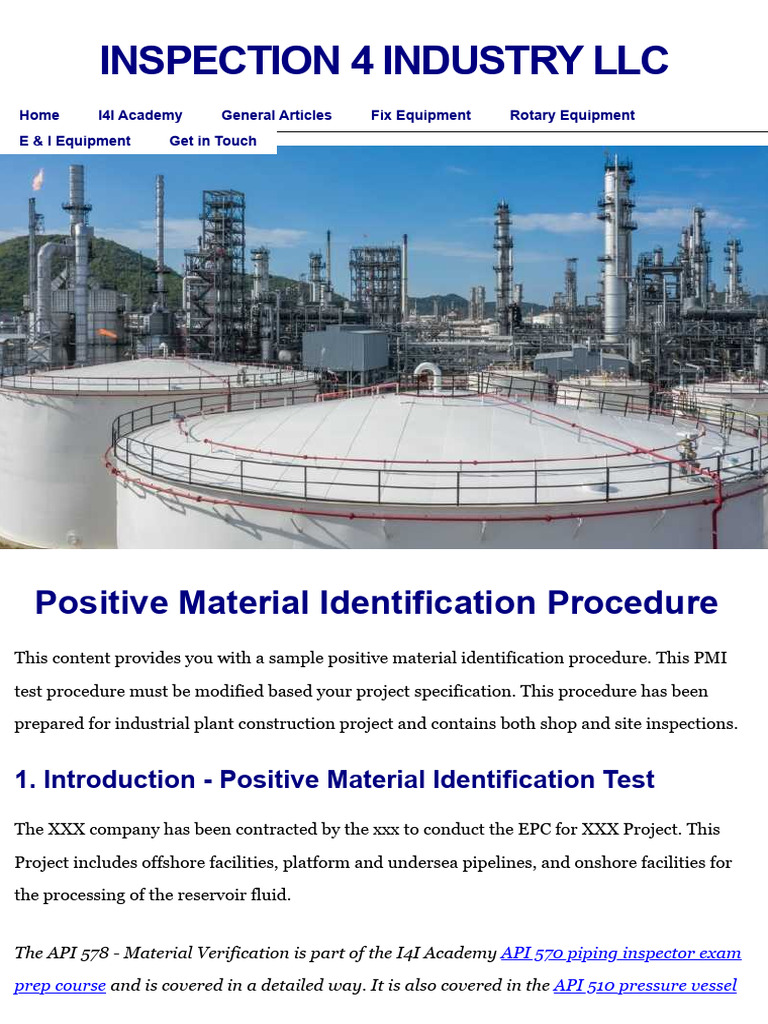 Positive Material Identification Procedure | PDF | Pipe (Fluid ...
