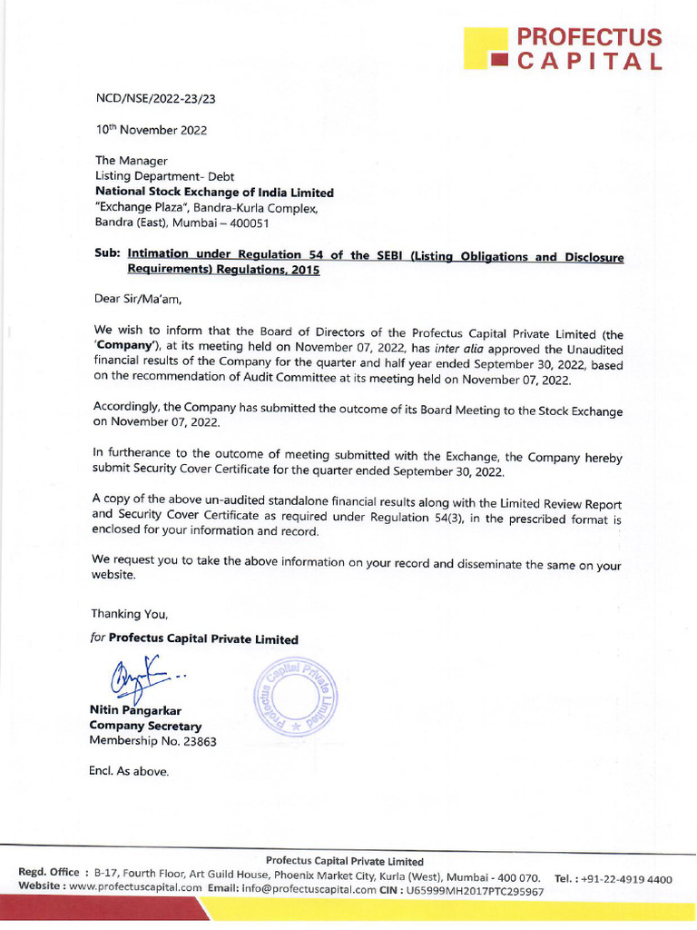 Intimation of Security Cover Certificate - 2022 | PDF