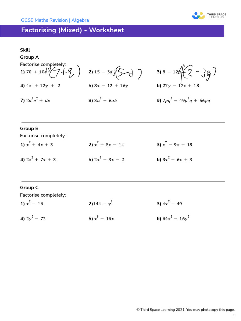 Third Space Learning Factorising Mixed GCSE Worksheet. 1 | PDF | Area | Rectangle