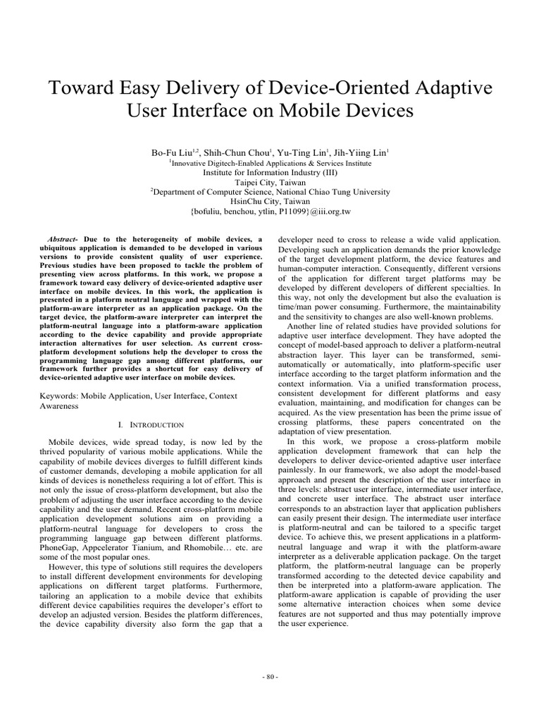 Toward Easy Delivery of Device-Oriented Adaptive User Interface on Mobile Devices | PDF | User ...