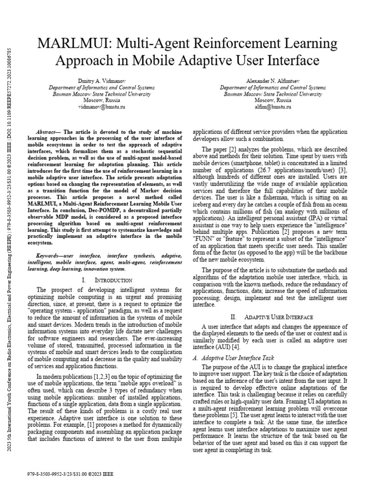 MARLMUI Multi-Agent Reinforcement Learning Approach in Mobile Adaptive User Interface | PDF ...