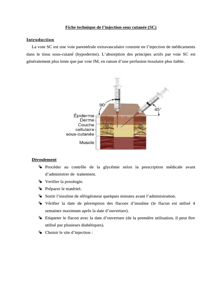 Fiche technique injection sous-cutanée | PDF | Médecine clinique | Insuline