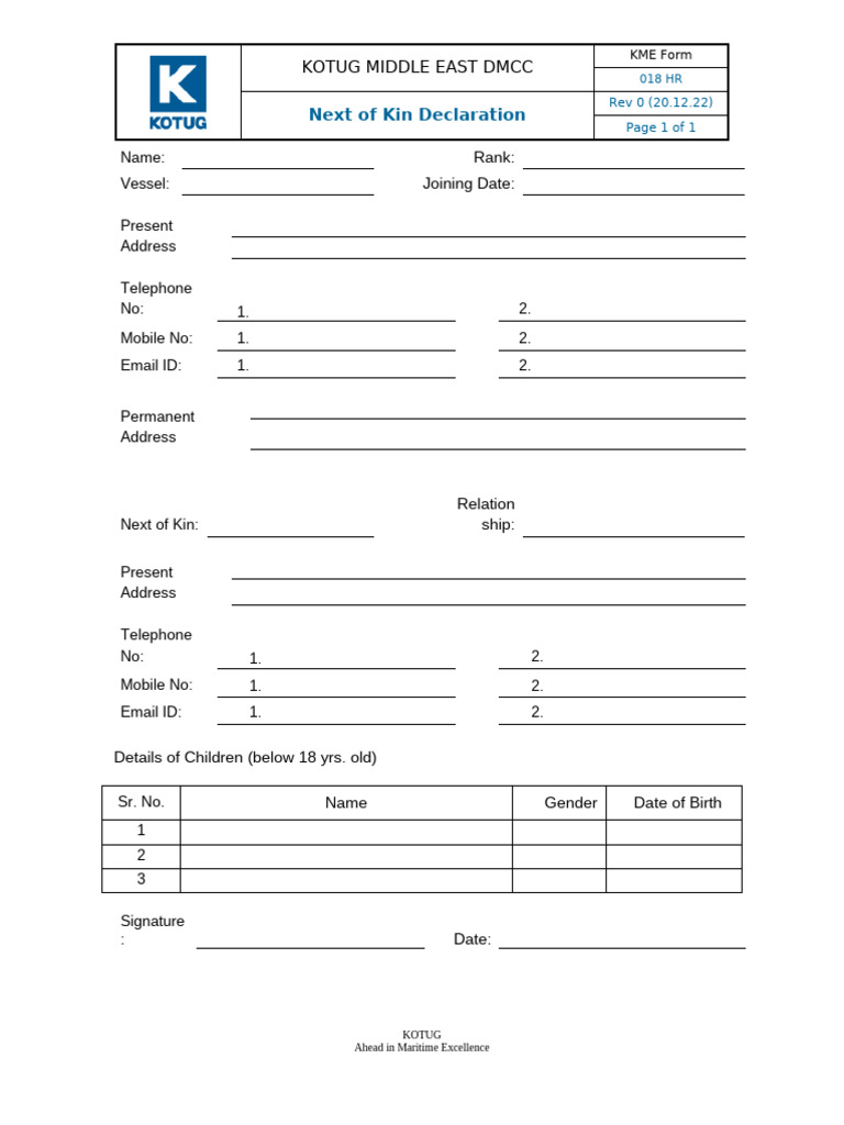 Form 018 HR Next of Kin V3D (Kotug) | PDF
