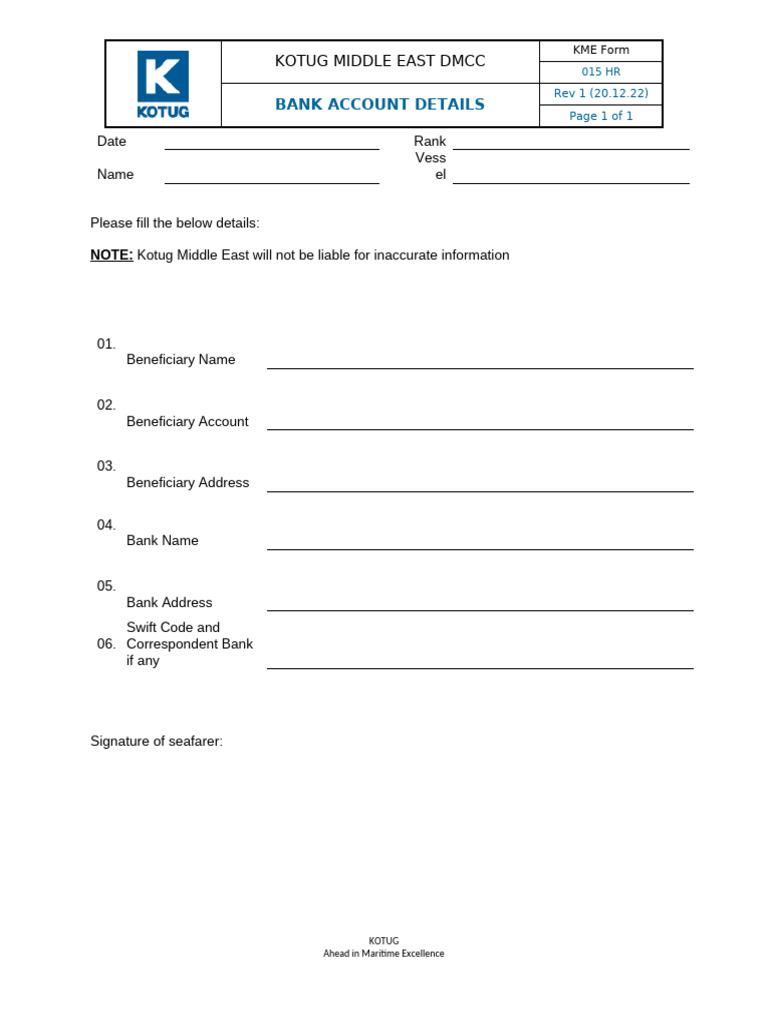 Form 015 HR Bank Account Details - Rev01.KME | PDF