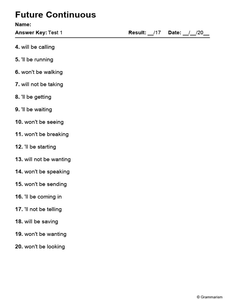 Grammarism Future Continuous Test 1 Answers 2178990 | PDF