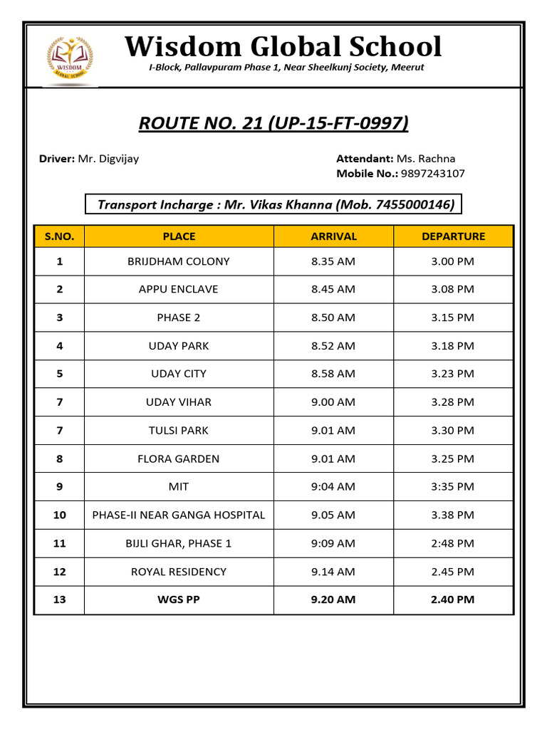 Wisdom Global School Transport Routes | PDF
