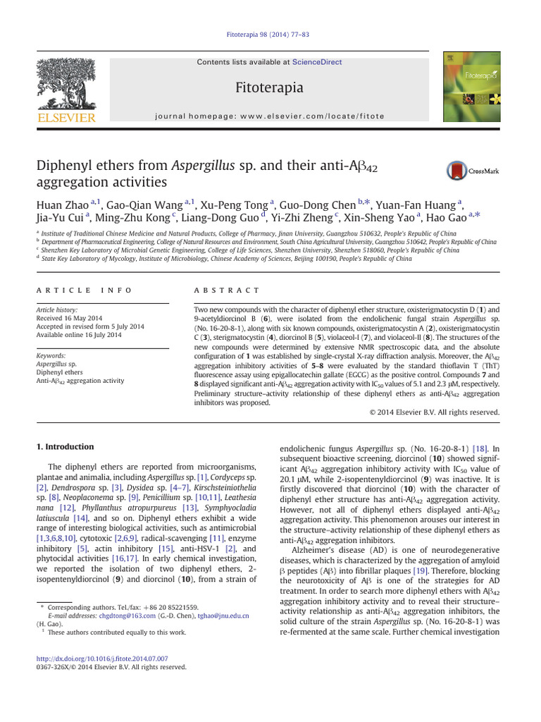 Diphenyl ethers from Aspergillus sp | PDF | X Ray Crystallography | Amyloid Beta