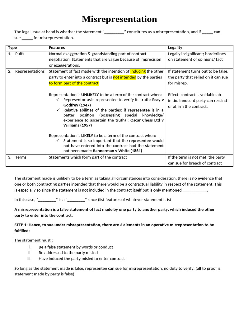 MISREP template | PDF | Misrepresentation | Civil Law (Legal System)