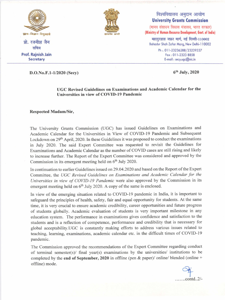 Letter Regarding Revised UGC Guidelines On Examinations and Academic ...