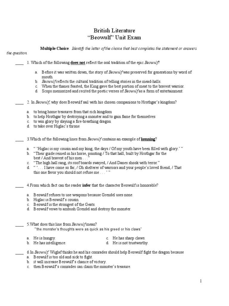 Beowulf Test | PDF | Beowulf | English Heroic Legends
