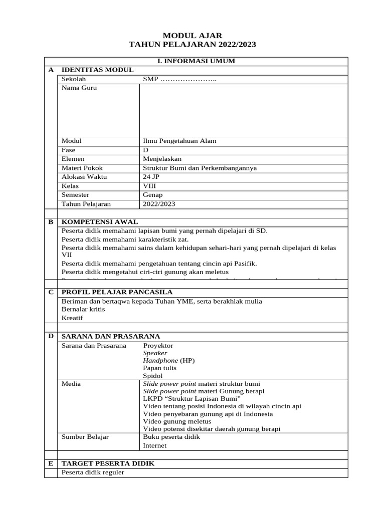 Modul Ajar IPA: Struktur Bumi Kelas VIII | PDF