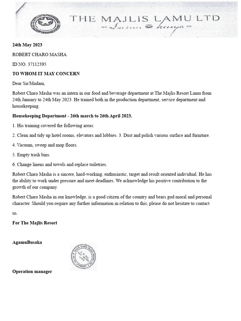 Internship Certificate for Robert Masha | PDF