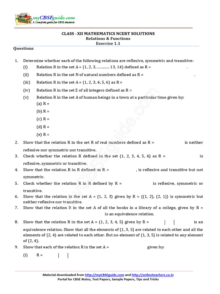 Class XII Mathematics: Relations & Functions | PDF