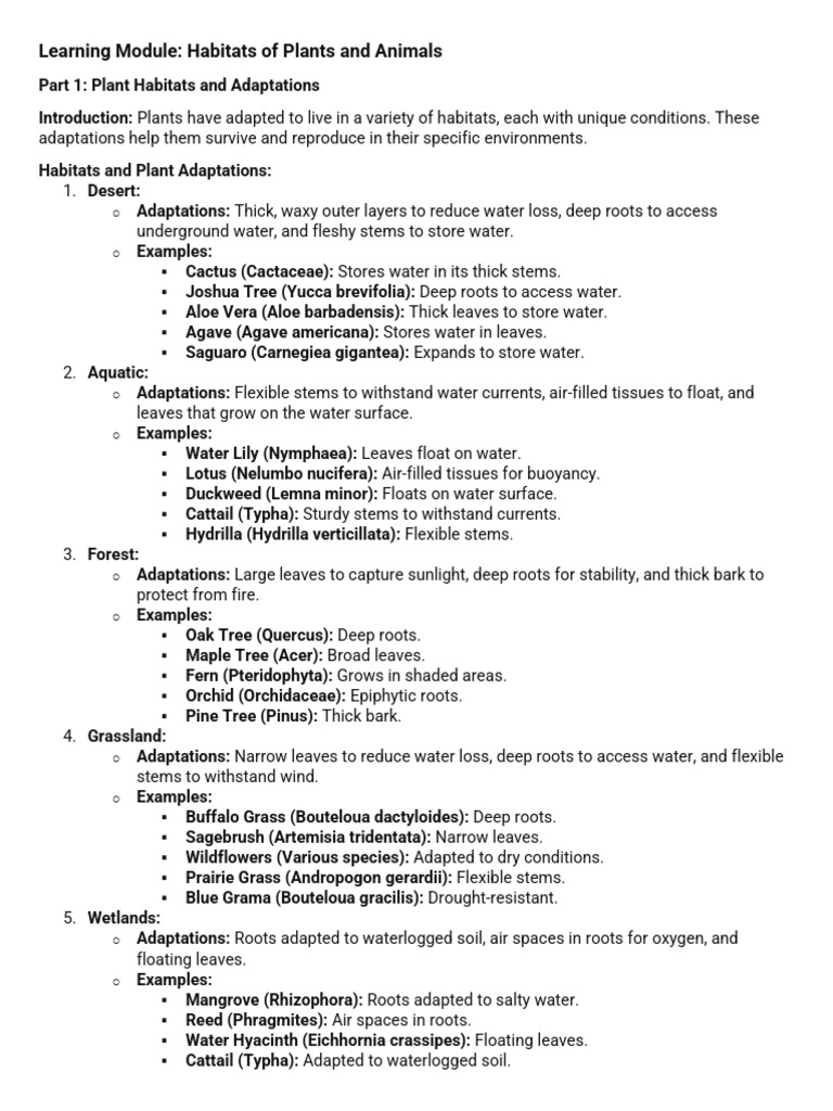 Plant and Animal Habitat Adaptations | PDF | Habitat | Grassland