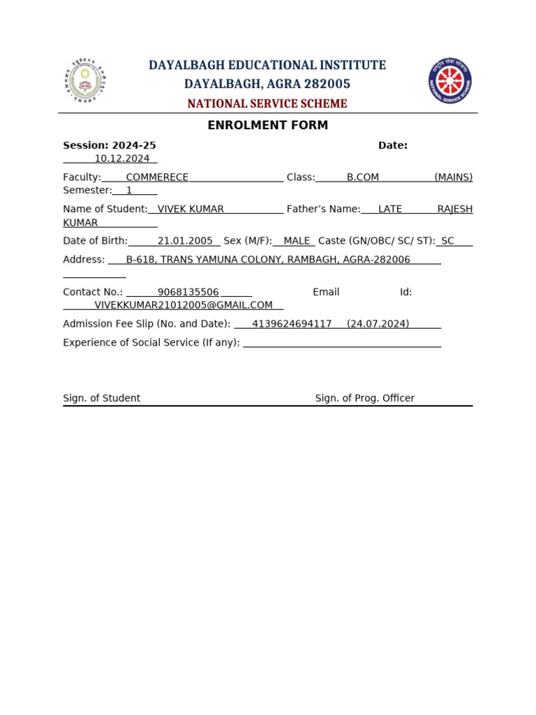 ENROLMENT form of NSS | PDF