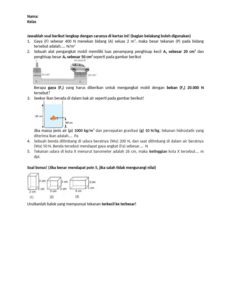 Soal Ulangan Tekanan Kelas 8 | PDF