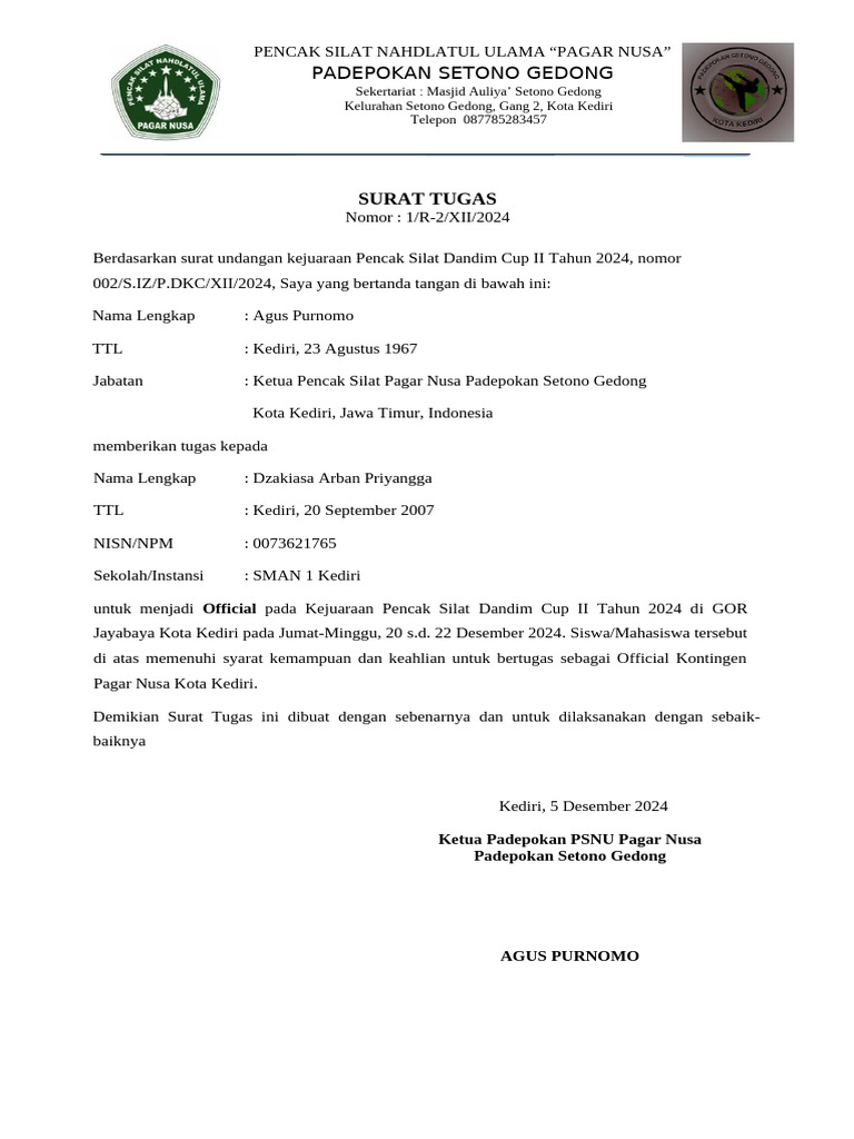 Surat Tugas Official Pencak Silat 2024 | PDF
