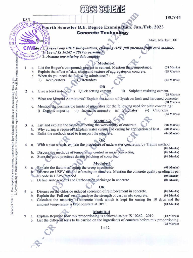 VTU Question Paper of 18CV44 Concrete Technology Jan-Feb-2023 | PDF