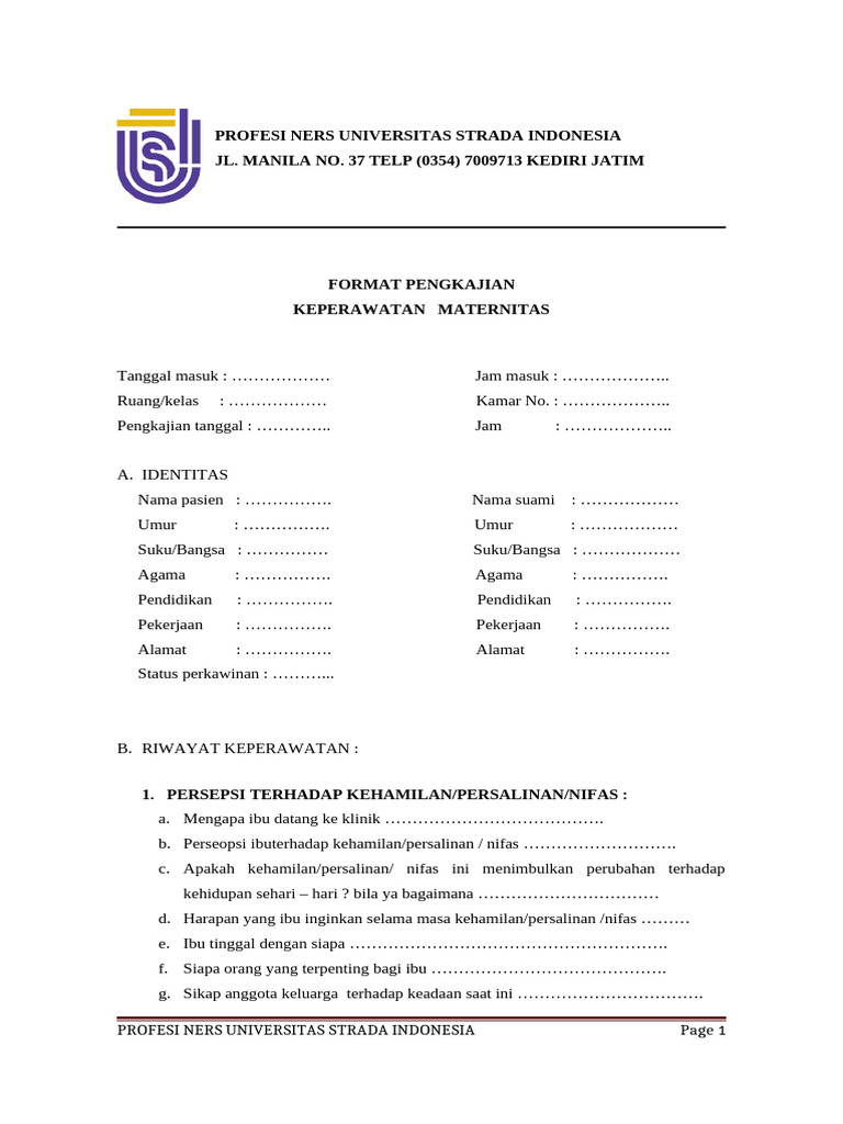 Format Pengkajian Antenatal, Intra, Postpartum Logo Usi | PDF
