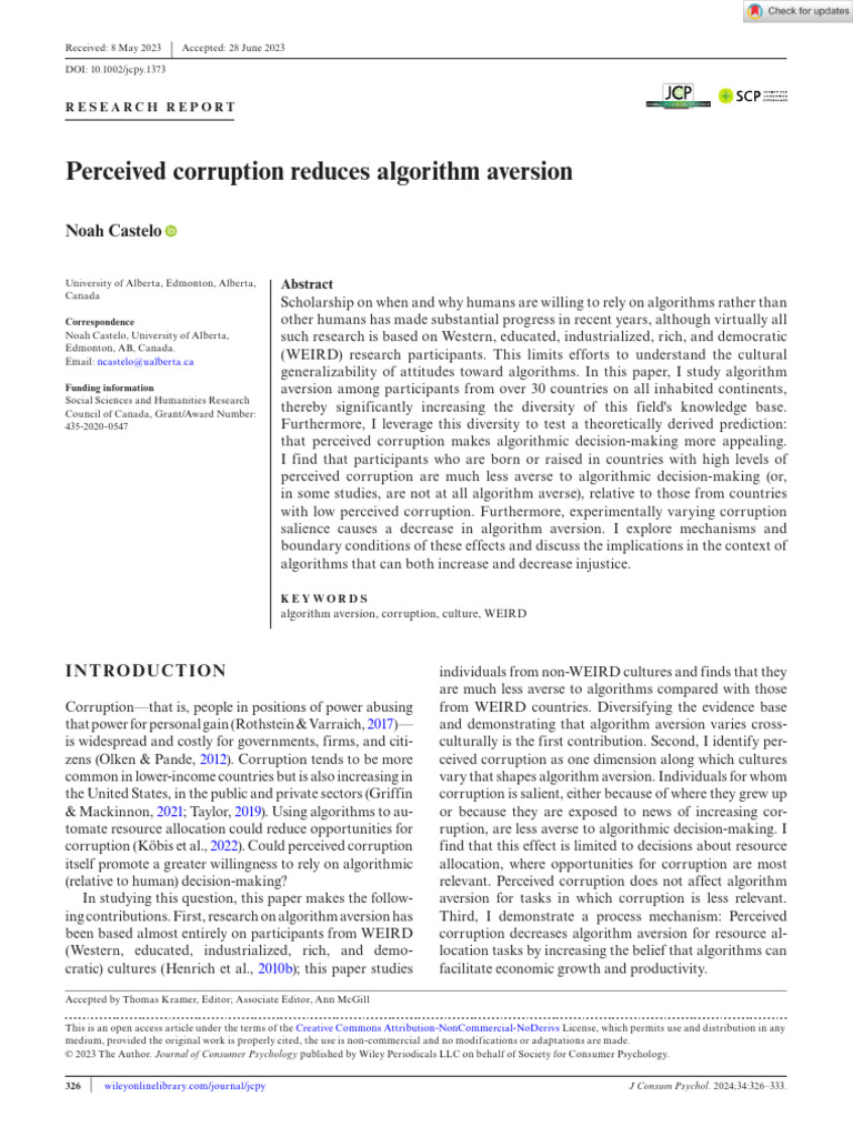 J Consum Psychol - 2023 - Castelo - Perceived Corruption Reduces Algorithm Aversion | PDF ...