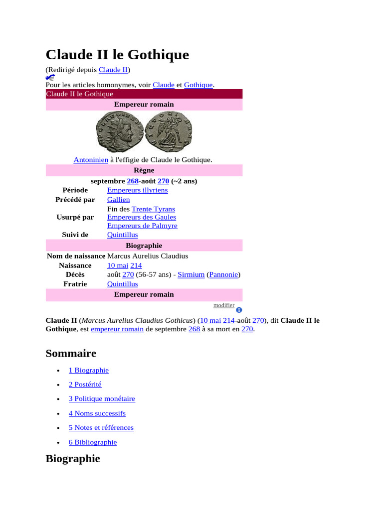 Marcus Aurelius Claudius Gothicus Dit Claude II Le Gothique 10 Mai 214 ...