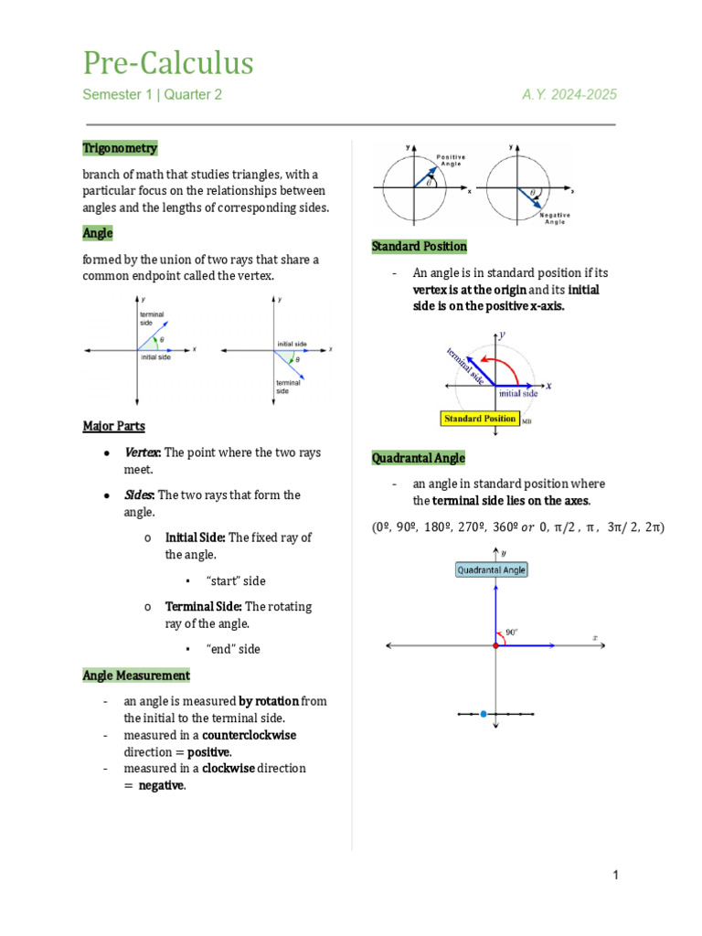 PRE-CALCULUS-REVIEWER.docx | PDF | Trigonometric Functions | Angle