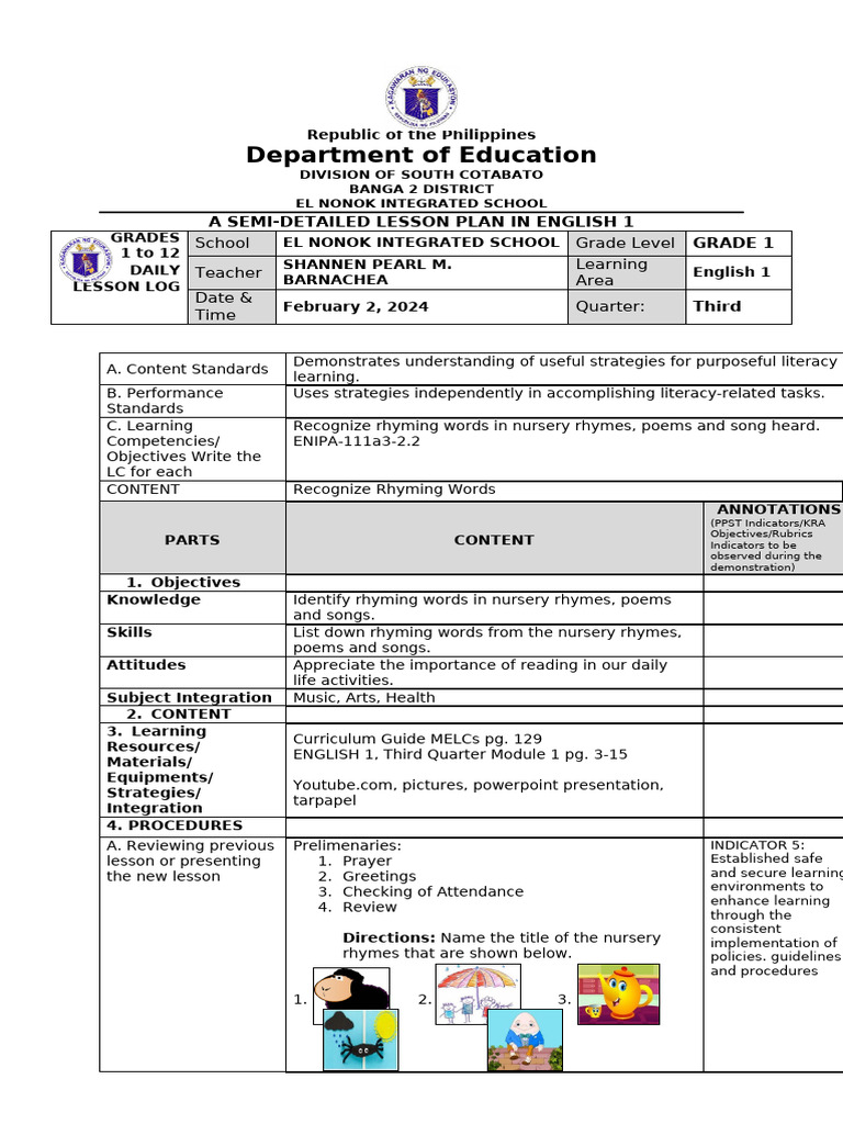 Cot English 3rd Quarter Barnachea | PDF | Preschool | Learning
