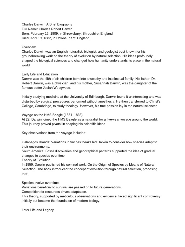Charles Darwin - A Brief Biography | PDF | Charles Darwin | Evolution