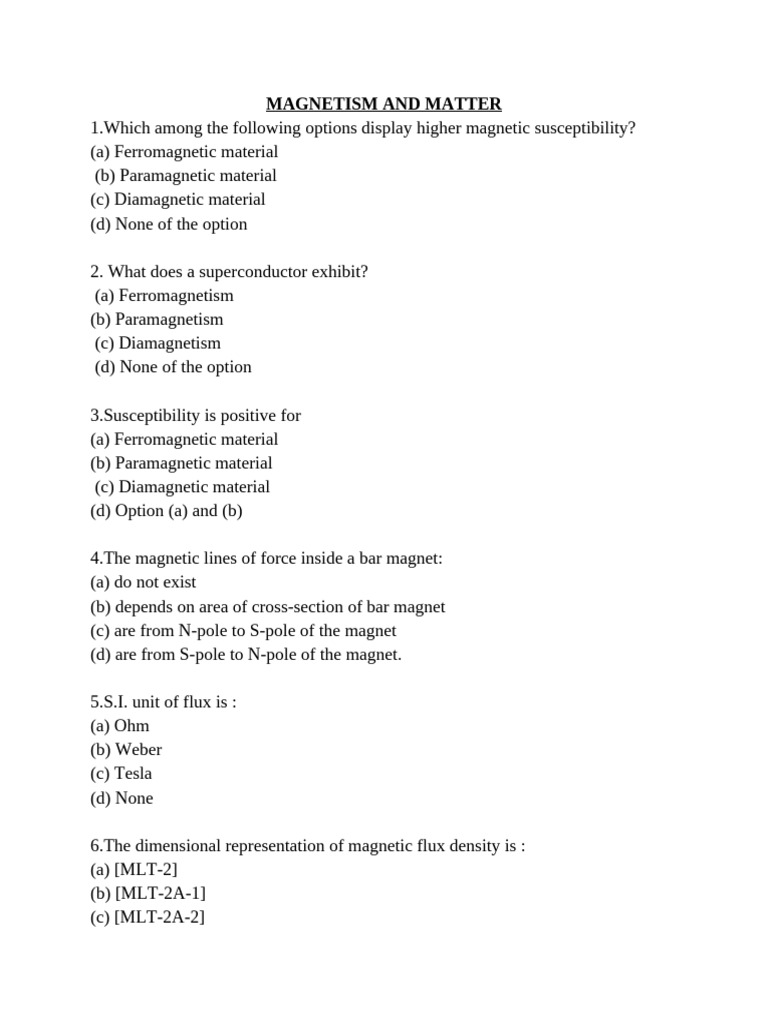 Magnetism and Matter - MCQ | PDF | Magnetism | Magnet