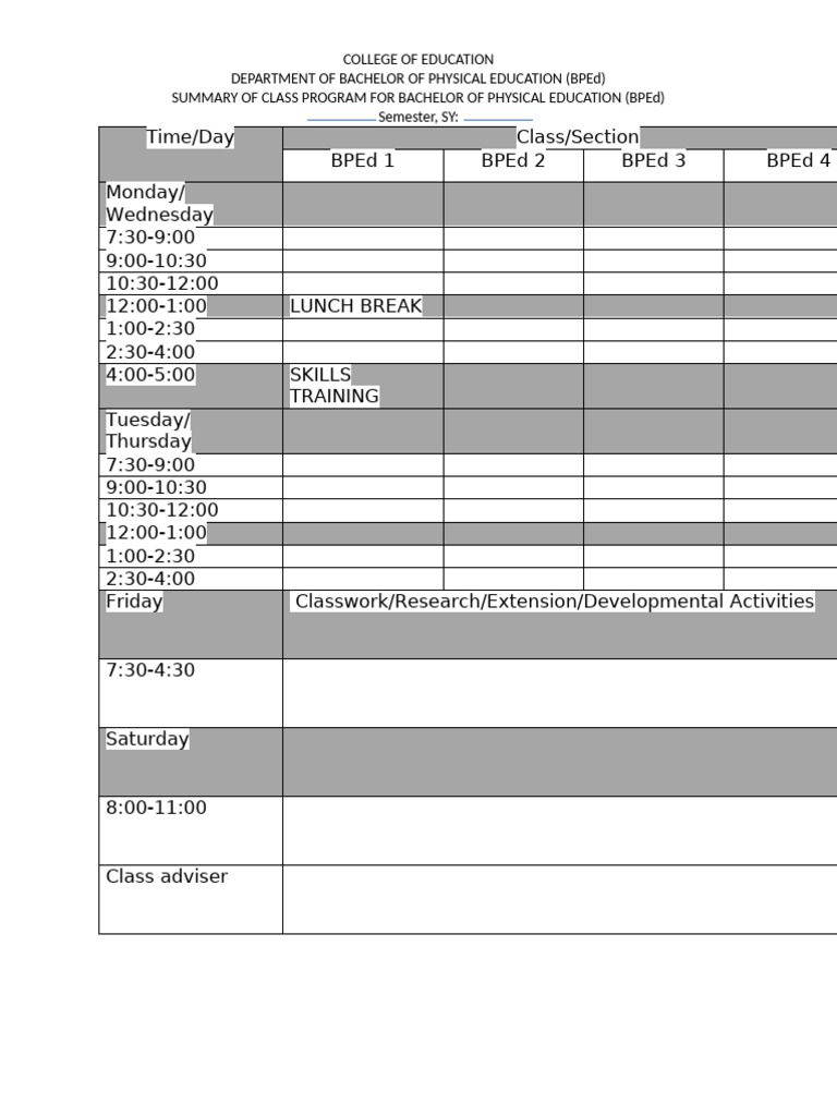 BPEd Class Program Overview | PDF