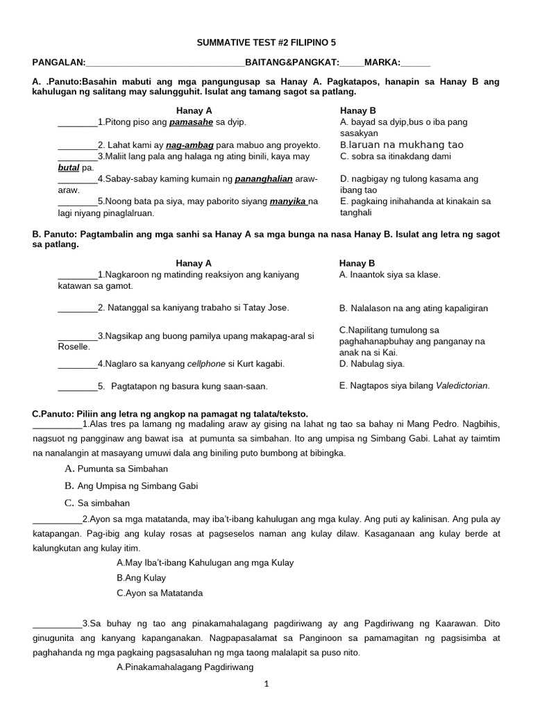 Q2-FILIPINO-5-SUMMATIVE-TEST-3 | PDF
