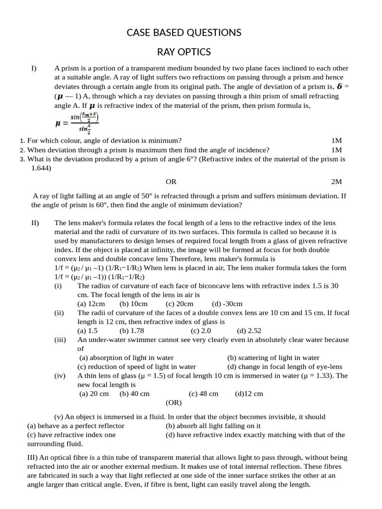 Ray Optics Case-Based Questions | PDF | Diffraction | Rainbow